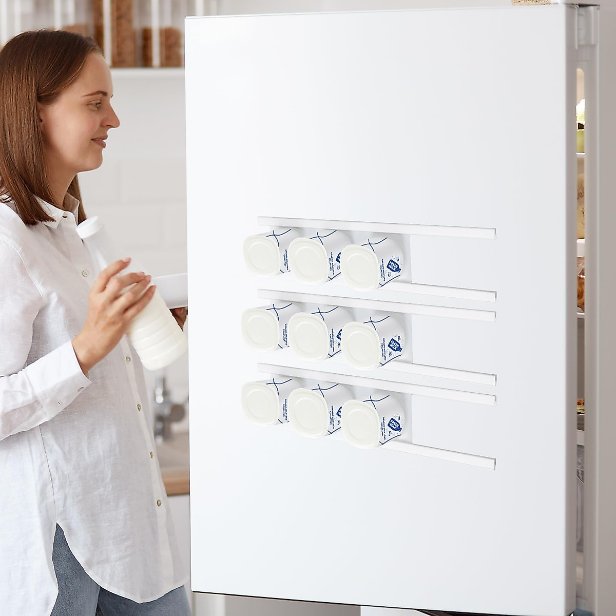 DLUGOPIS 6 Pcs 20 Capacity Fridge Yogurt Organizer Yogurt Fridge Holder Yogurt Storage with Self Adhesive Tapes Yogurt Container for Fridge 3.75 Inch Multiple Sizes Yogurt Refrigerator, white