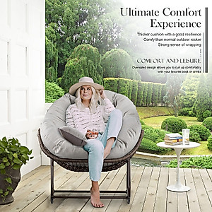 Outdoor Rocking Chair, Patio Oversized Wicker Egg Rocking Chair, Indoor & Outdoor Comfy Rocker Chair with Thick Cushion, Modern Lounge Chair for Balcony, Front Porch, Garden, Backyard, Deck, Beige