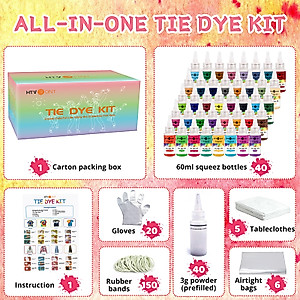 HTVRONT Tie Dye Kit - 40 Vibrant Colors Tye Dye Kit for Large Groups, Pre-Filled Bottles Tye dye for Kids, Permanent Tie Dye Kits for Adults Tyedyedye Party Supplies Tye dye Kit to Go(Just Add Water)