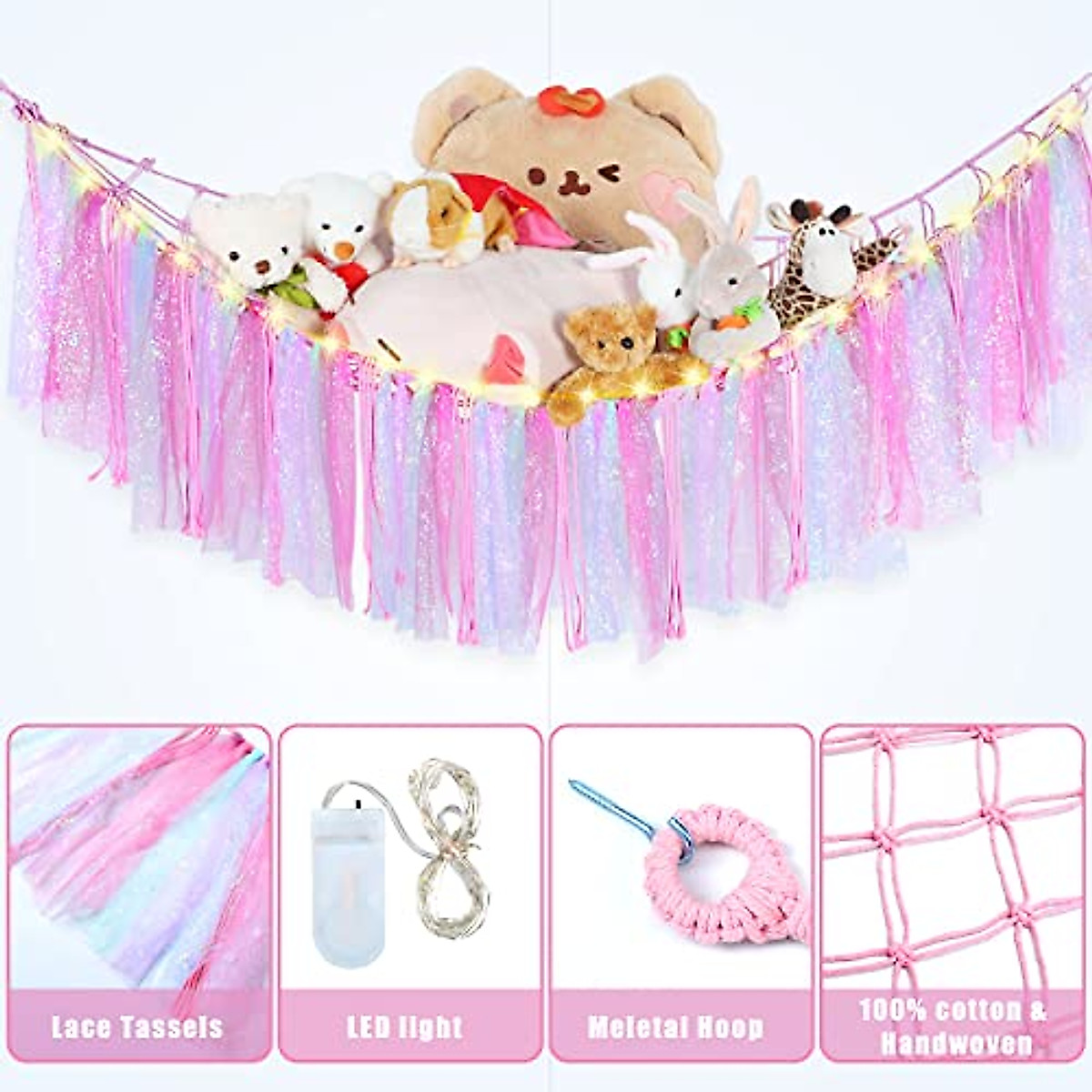 2 Packs Stuffed Animal Net or Hammock with LED Light Plush Toy Hammock Stuffed Animal Storage Holder Hanging Kids Toy Organizers and Storage Net with Tassels for Kids Bedroom Nursery Play Room Decor