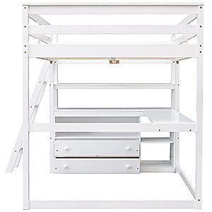 MERITLINE Full Size Loft Bed with Desk and Shelves, Wooden Loft Bed Full with Storage Drawers for Kids Teens Boys Girls,No Box Spring Needed (Full, White)