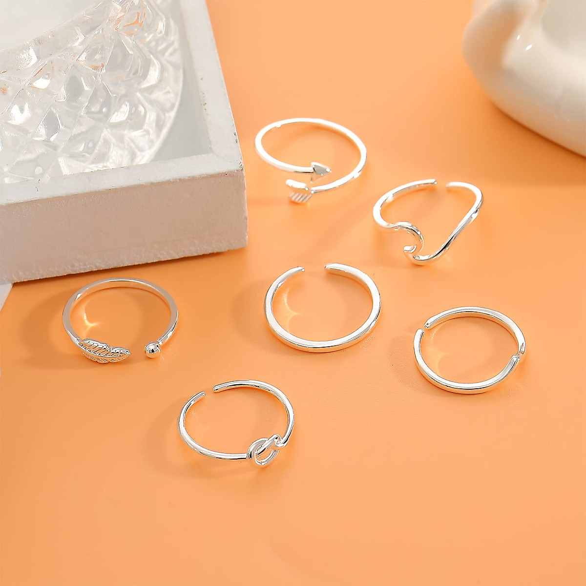 FUNEIA 6PCS Arrow Knot Wave Rings for Women 14K Gold Plated Adjustable Stackable Thumb Open Rings Set