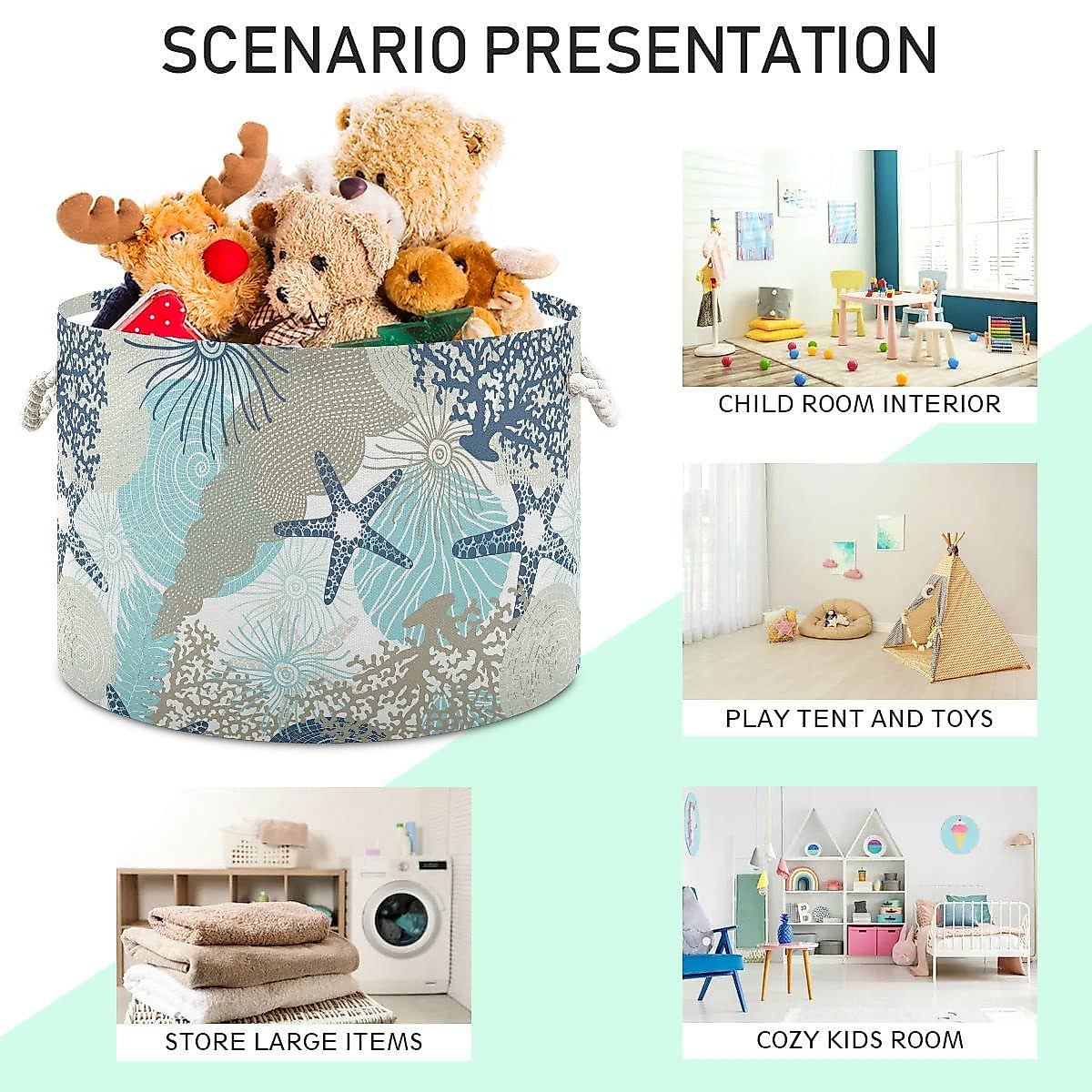 Algae Corals Seashells Large Basket for Toys Storage Bin Box Organizer Basket for Laundry Hamper, Kid's Room, Baby & Dog Toy