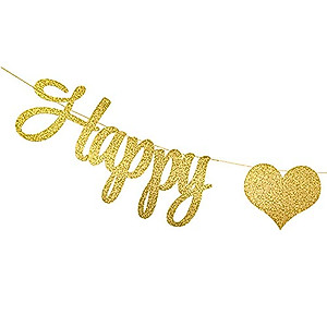 PALASASA Gold Glittery Happy Anniversary Banner for Wedding Anniversary Party Decorations