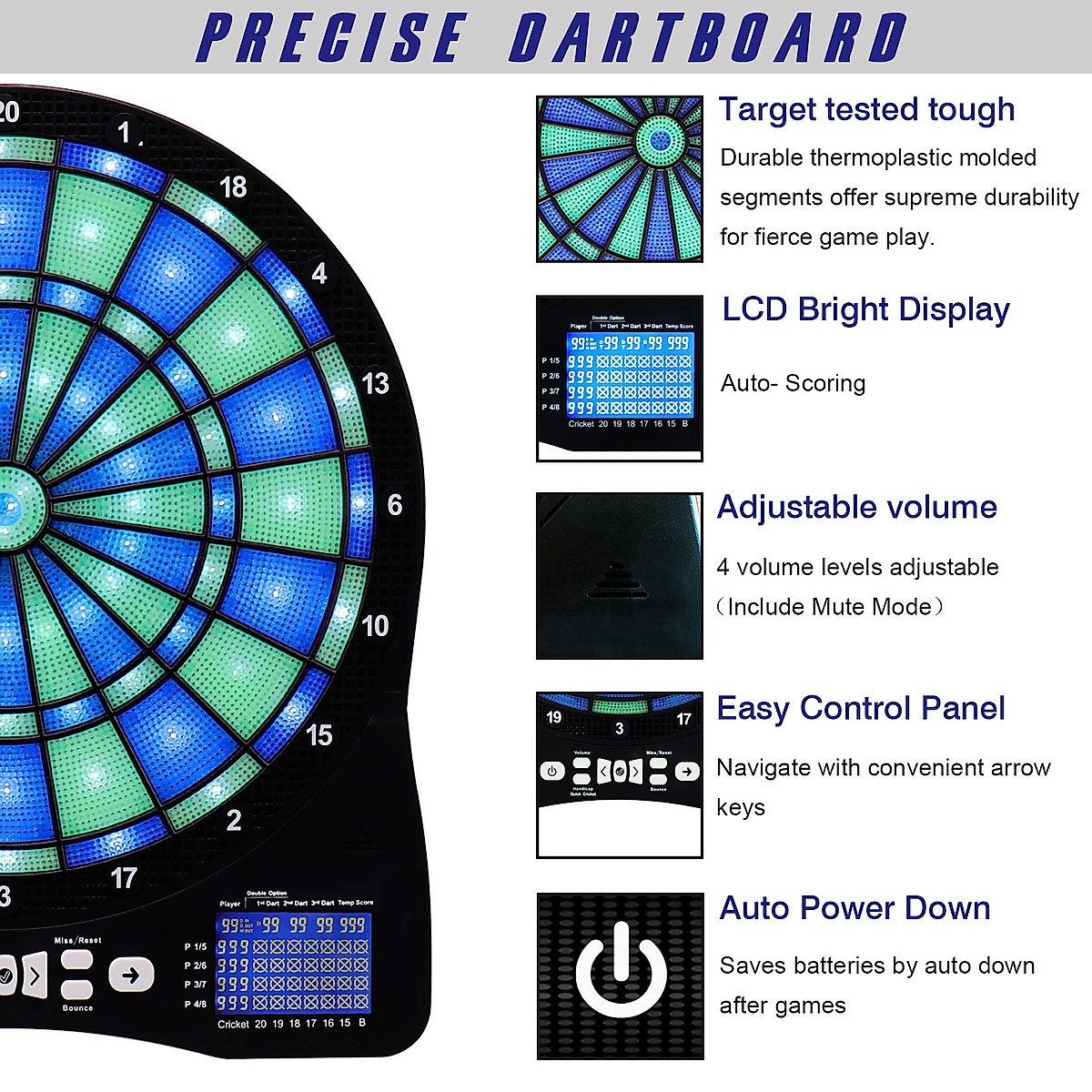 Turnart Electronic Dart Board,13 inch Illuminated Segments Light Based Games Electric Dartboard for Adults Tested Tough Segment for Enhanced Durability Professional with Scoring (Blue)