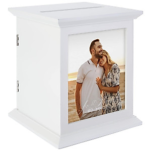 Displays2go Wooden Wedding Card Box, 8" x 10" Photo Frame, Top Slot, Rear Access Door - Ivory (FDGWCBWHT)