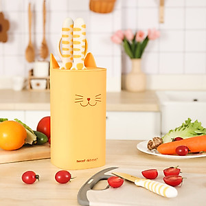 hecef Cute Kitchen Knife Set,5-piece Non-Stcik Knives Set with Detachable Block and Scissors,Sharp Kitchen Knives for Chopping, Slicing, Dicing and Cutting (Yellow)