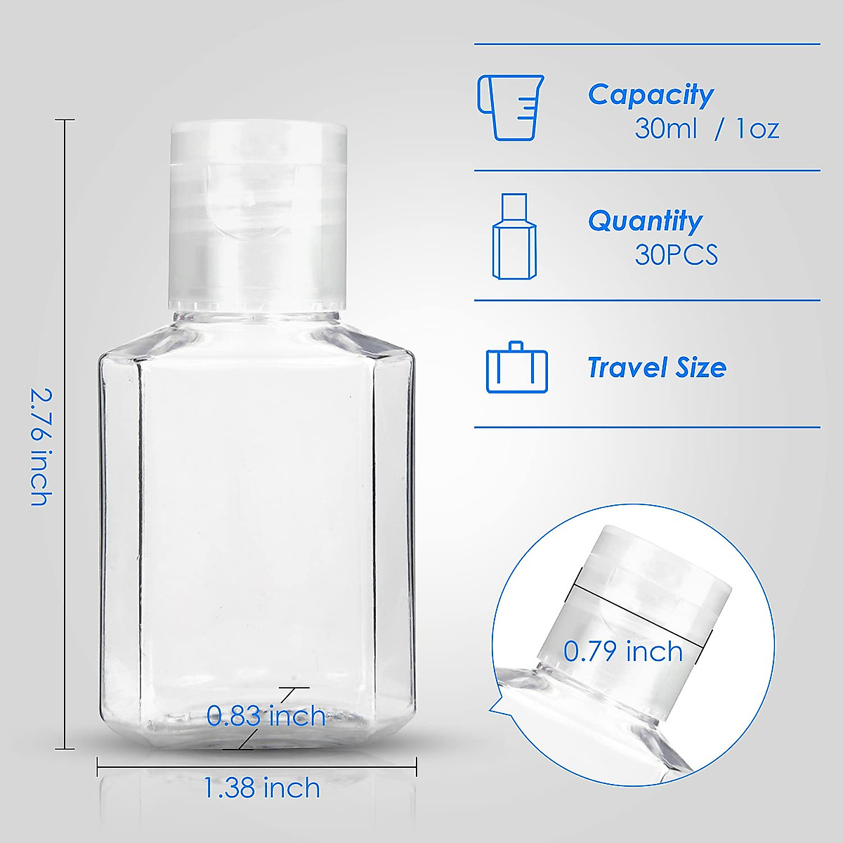 30 Pieces 1 oz Plastic Bottles Clear Travel Bottles with Flip Cap Portable Empty Hand Sanitizer Bottles, Refillable Containers for Travel Business Trip