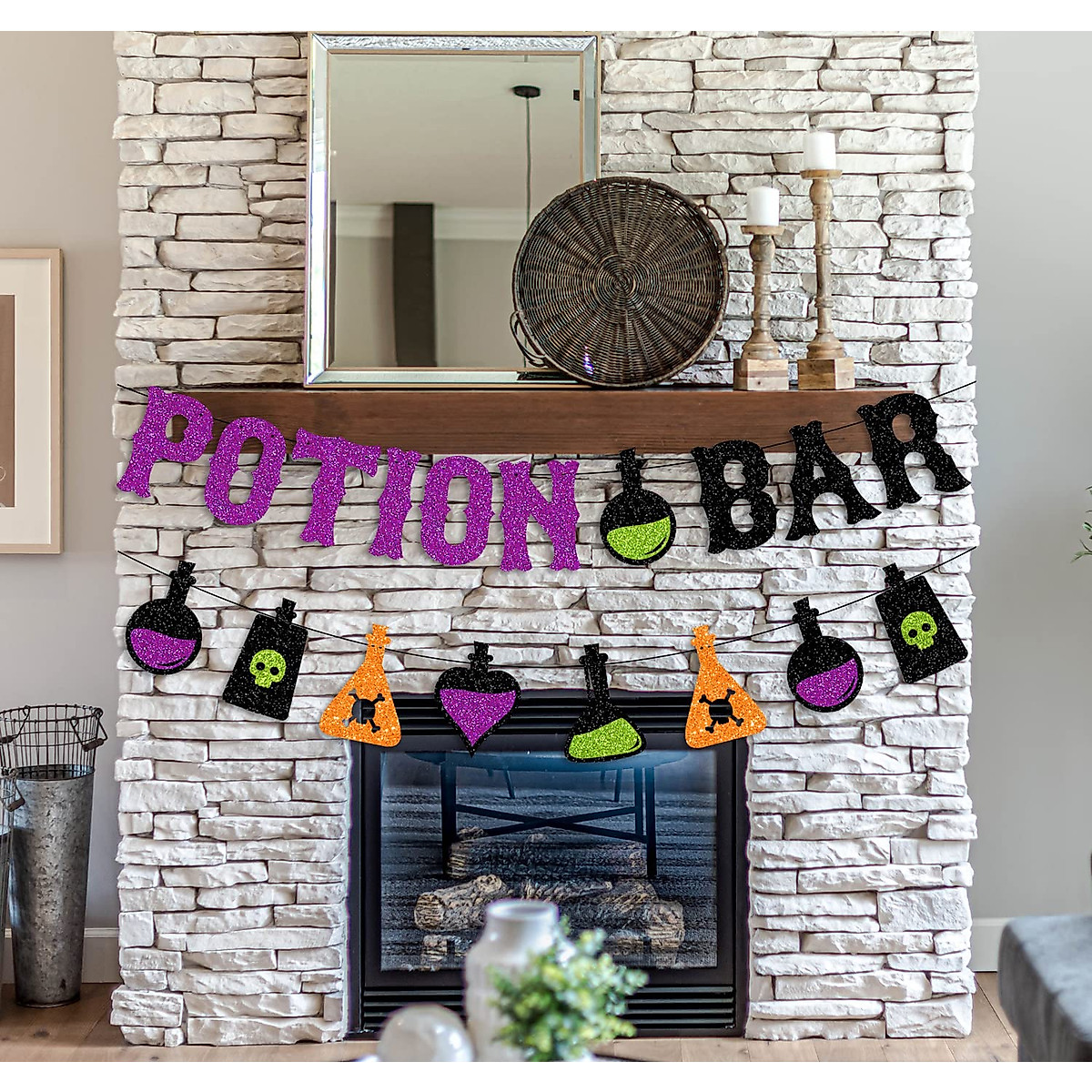 JOZON Glittery Potion Bar Banner with Potion Signs Halloween Hocus Pocus Witches Garland Banner Halloween Holiday Haunted House Party Decorations for Bar Mantle Fireplace Wall Party Supplies