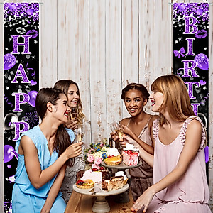 Avezano Purple Happy Birthday Banner Glitter Purple Black Birthday Party Decorations for Girls Women Happy Birthday Porch Signs Door Decorations Supplies
