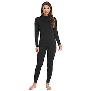 JOLLYBUYER Women's Mock Neck Thermal Underwear Winter Fleece Ultra-Soft Warm Base Layer Set Black