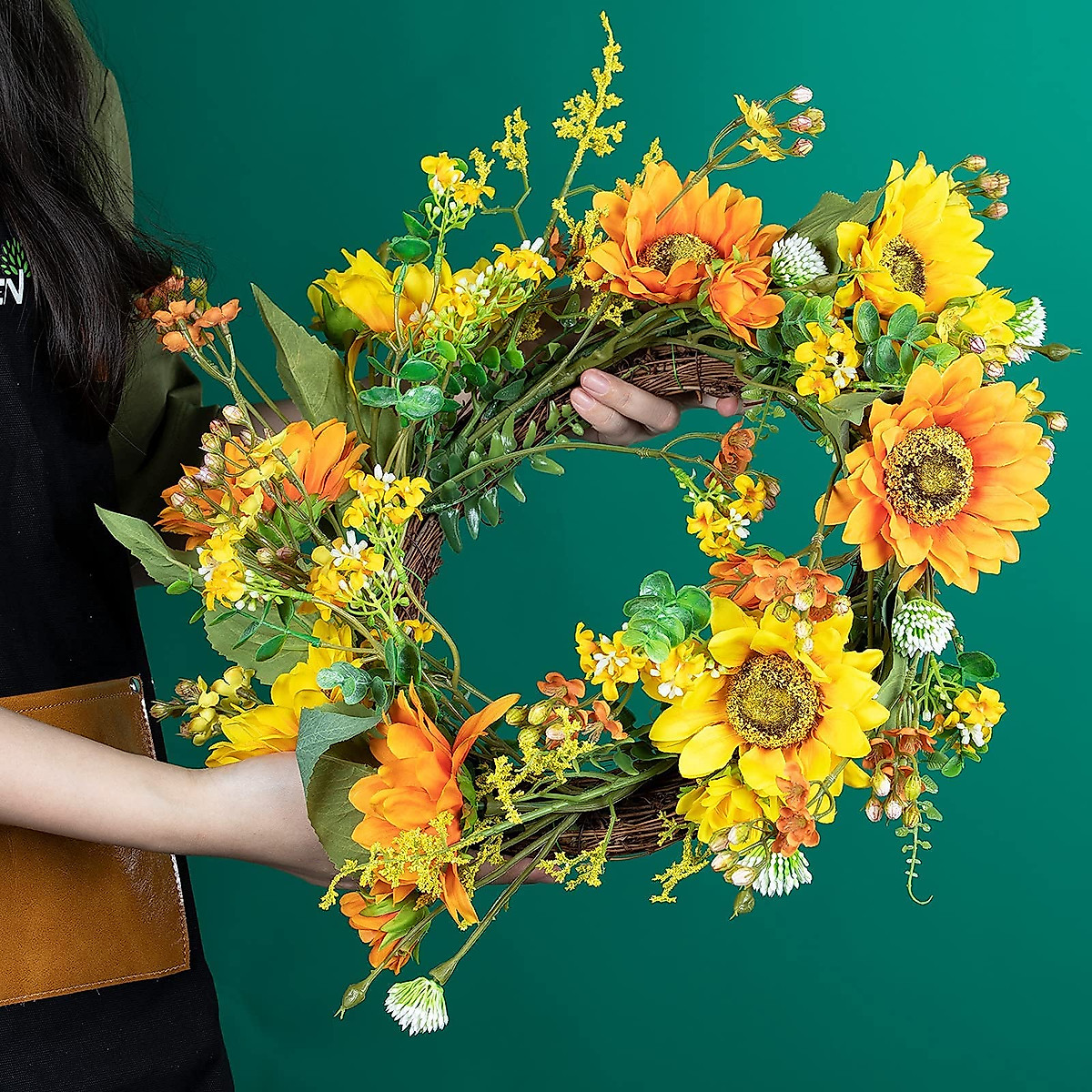 20 Inch Welcome Wreath for Front Door, Artificial Sunflower Garland Wreath Frame Welcome Sign with 8 Flowers and 8 Buds for Home Porch Garden Farmhouse Festival Decorations
