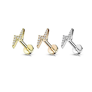 Pierced Owl 16G Stainless Steel Internally Threaded CZ Crystal Paved Lightning Bolt Top Flat Back Lip Cartilage Stud (Gold Tone, Bar Length: 6mm)