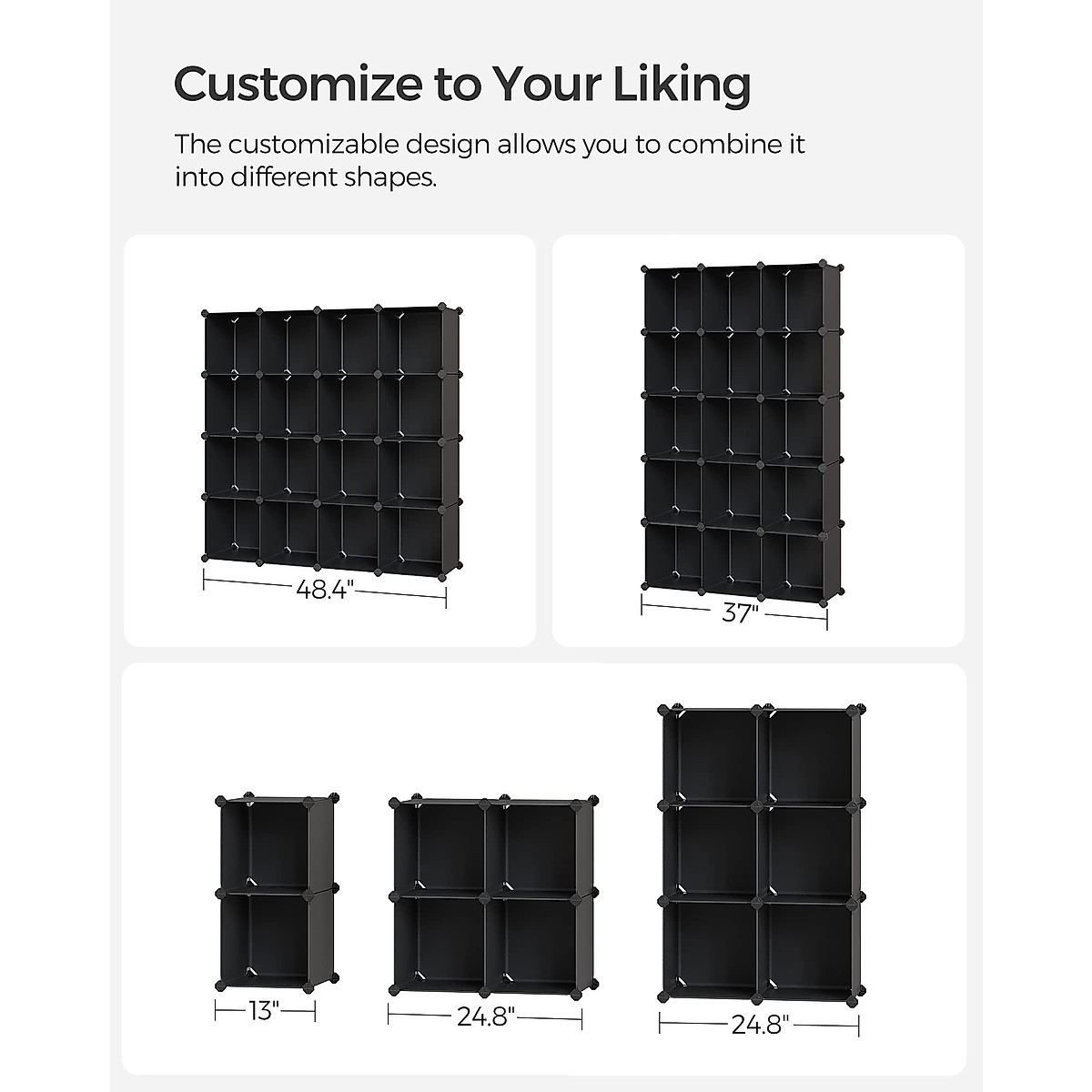 SONGMICS Cube Storage Organizer, Set of 16 Plastic Cubes, Book Shelf, Closet Organizers and Storage, Room Organization, Bedroom Living Room, 12.2 x 48.4 x 48.4 Inches, Black ULPC44BK