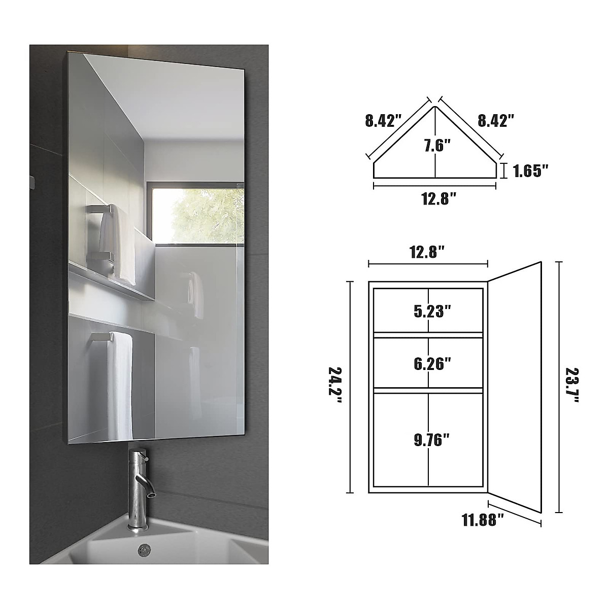 eclife 24" Bathroom Corner Medicine Cabinet W/Mirror, Single Door Bathroom Black Wall Mount Mirror Cabinet, Hanging Triple Shelf Storage Cabinet Opens Left to Right