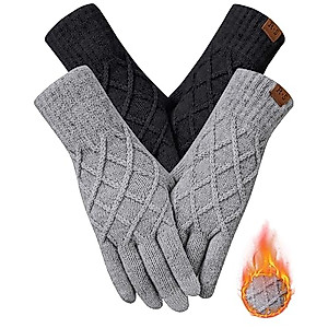 REACH STAR 2 Pairs Winter gloves for women Touch screen Cashmere Elastic Thermal knit Lining Warm Gloves for Cold weather for Running Driving, Gifts for Christmas (Black+Dark Gray)