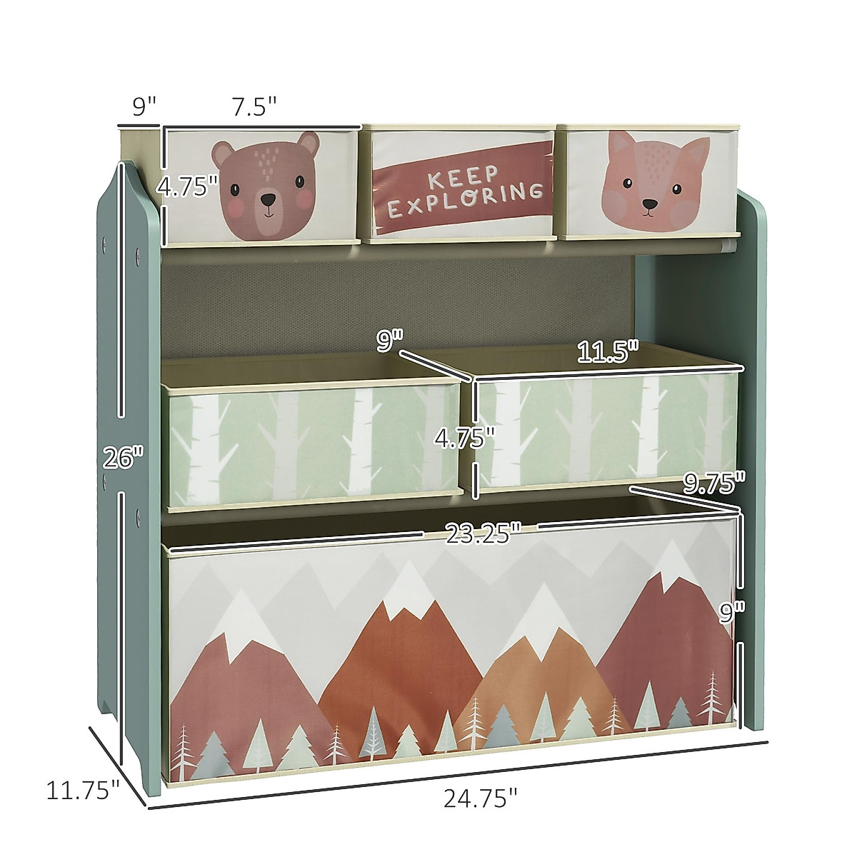 Qaba Toy Organizer with 6 Storage Bins, Kids Storage Unit for Bedroom, Kids Room, 25" x 12" x 26", Green