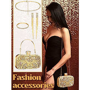 4 Pcs Clutch Purses Jewelry Set for Women Evening Rhinestone Jewelry Set Bling Glitter Diamond Evening Bag Necklace Choker Bracelets Earrings Set for Wedding Bridal Party Prom (Gold)