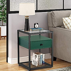 VECELO Glass Top Nightstands,End Tables with Drawer,Open Storage Shelf and Metal Frame,Set of 2 for Living Room,Bedroom,Lounge,Green, Surface