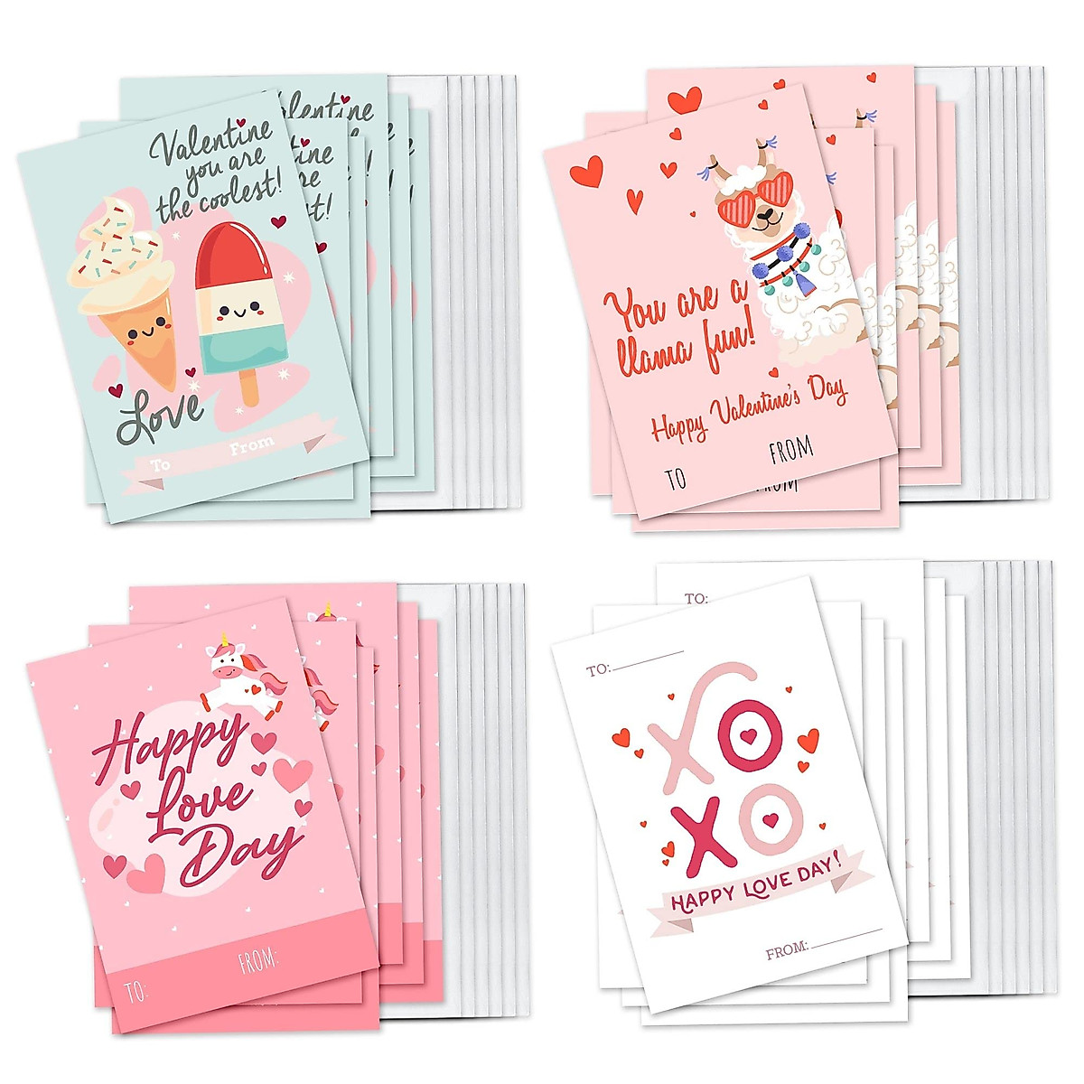 Mobiusea Creation Valentines Cards for Kids | 24 Cards with Envelopes | 3.5 x 5 | Funny and Cute | Llama, Ice Cream, Unicorn, XO for Valentines Day Cards, Kids School Valentines and Valentines Day