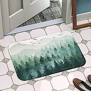 Accnicc Green and White Misty Forest Shower Curtain Bundle with Green Misty Forest Small Bathroom Rugs Mat Non-Slip Bath Rugs