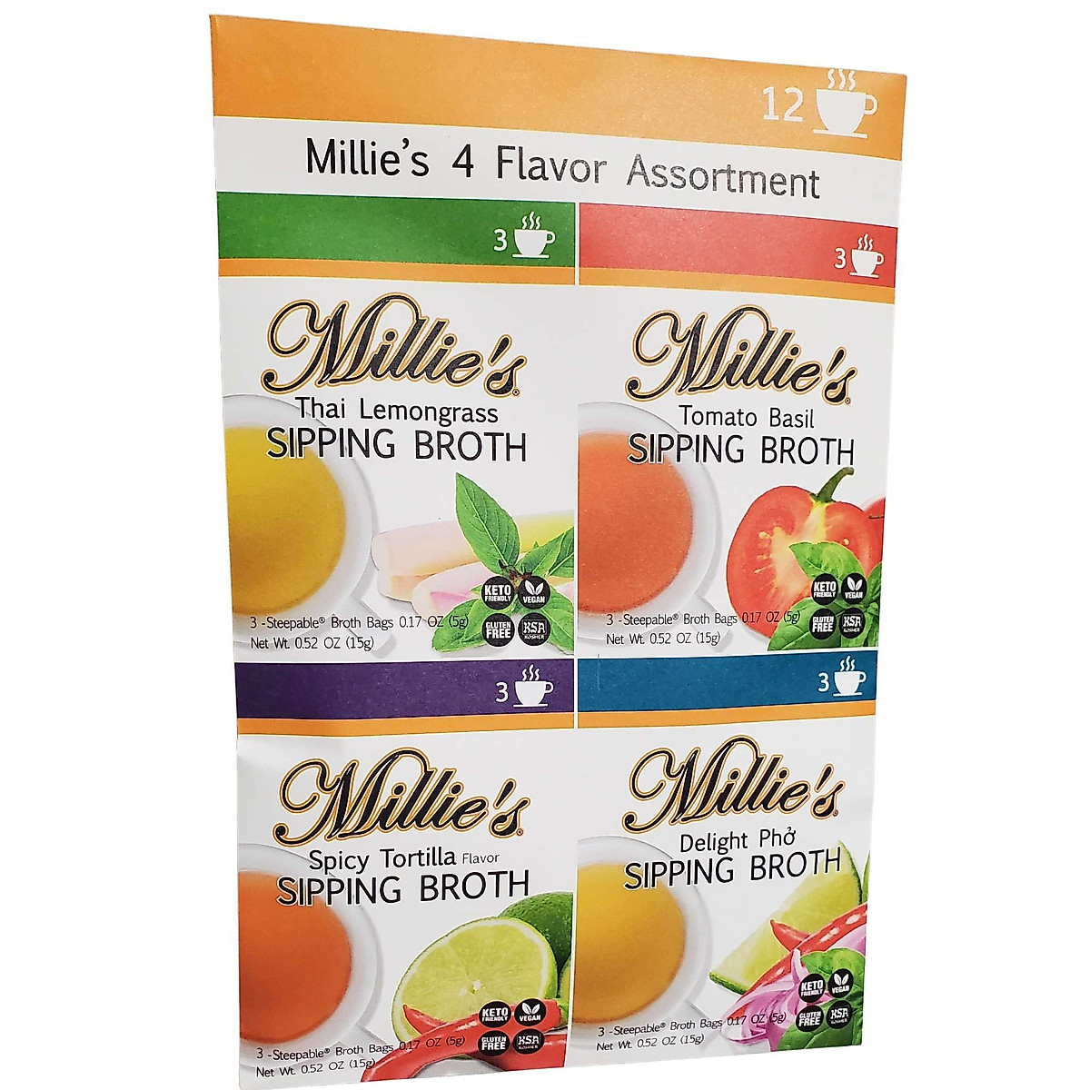 MILLIE'S SIPPING BROTH Steepable Vegetable Broth with Savory Seasonings for Snack Urges | Vegan, Keto, Gluten Free, Intermittent Fasting, and natural | (4 Pack Assortment - 12 Broth Bags Total)