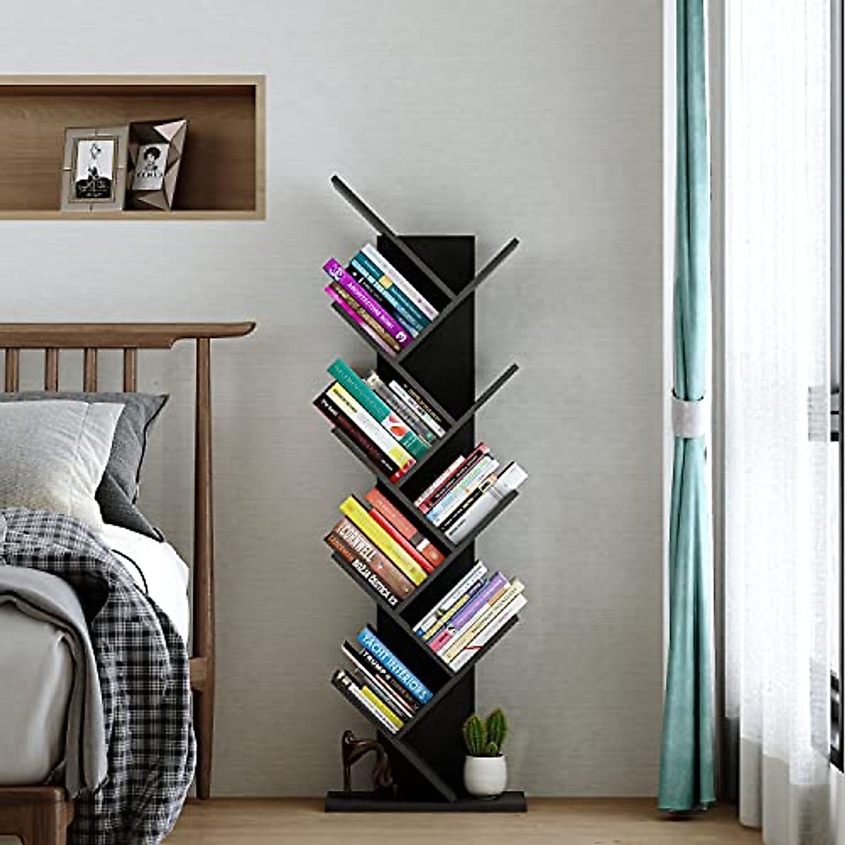 Yusong Tree Bookshelf, 9-Tier Book Tree Shelf Bookcase for Living Room Bedroom, Floor Standing Magazine CD Organizer Rack for Home Office, Black