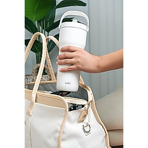 Zak Designs Sutton Travel Tumbler for On the Go, 30oz Stainless Steel with Vacuum Insulation, Straw Spout, Carry Handle for Cold Drinks (Cream White)