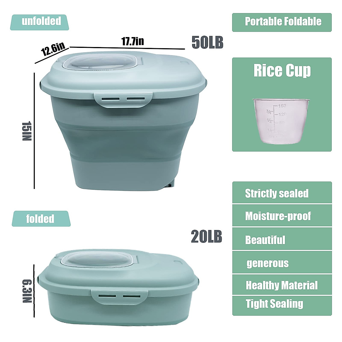 Collapsible Dog Food Storage Container with Lids,50LB Airtight Collapsible Pet Cat Storage Bin with Locking Lids Wheels Hand Scoop,Foldable Food Storage Container for Pet Food Cereal Flour Rice,Green
