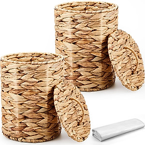 Ctosree 2 Pcs Wicker Trash Can Basket Woven Waste Basket with Lid Bathroom Wastebasket Garbage Bin with 100 Pieces of Trash Bags for Bedroom Farmhouse Home Office Kitchen(Brown, Small)