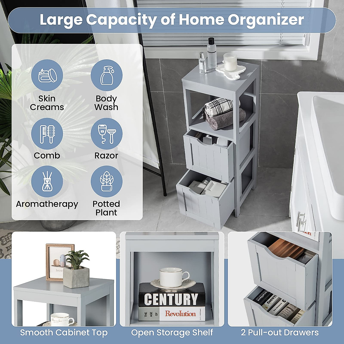 Tangkula Bathroom Floor Cabinet, Multifunctional Storage Cabinet with 2 Removable Drawers & Open Shelf, Tower Storage Cabinet with Anti-Tilt Design for Bathroom Living Room (Grey)