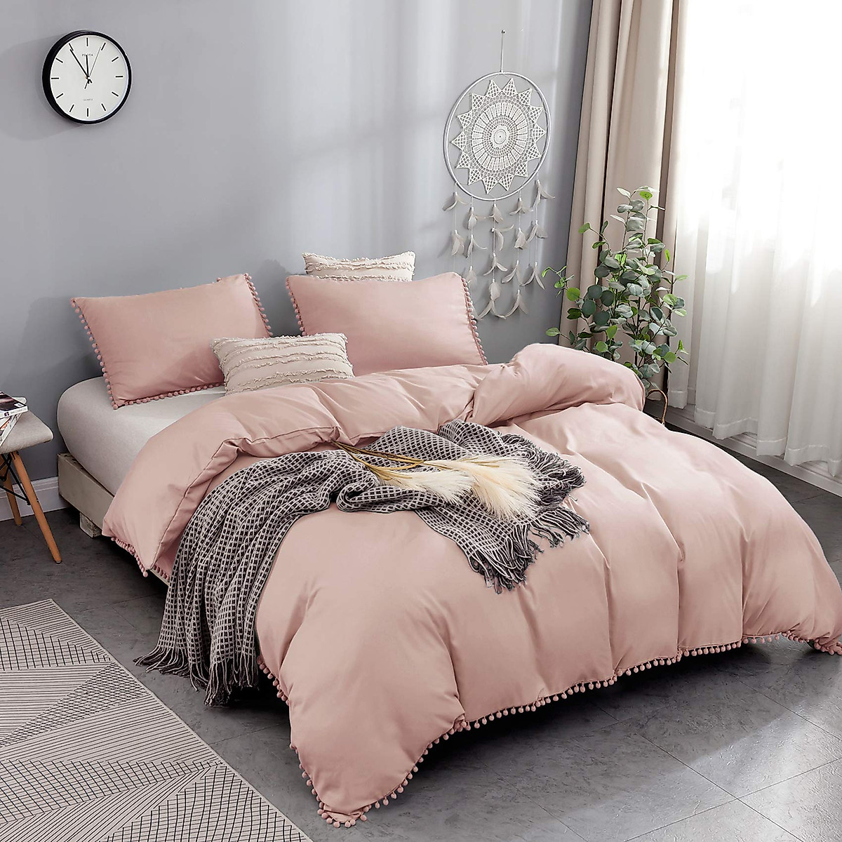 Bowavat Pom Pom Fringe Duvet Cover Twin Size,100% Washed Microfiber 3 Pieces Pink Mocha Duvet Cover Set, Soft and Durable with Zipper Closure and Corner Ties (Twin, Pink Mocha)