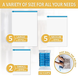 12 Hand Roll Up Compression Travel Bags-Space Saver Bags for Luggage and Cruises (5 Large, 5 Medium, 2 Small), No Vacuum Needed