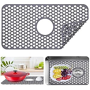 Tisnveky Silicone Sink Protectors for Kitchen [1 Pack] [24.8'' x 13''], Grey Sink Mat Grid for Bottom of Farmhouse Stainless Steel Porcelain Sink with Center Drain