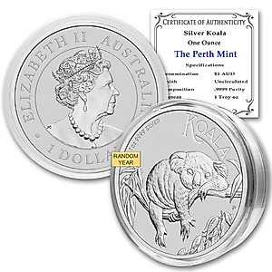 AU 2007 - Present (Random Year) Australian 1 oz Silver Koala Coin Brilliant Uncirculated (BU - in Capsule) with Certificate of Authenticity $1 Mint State