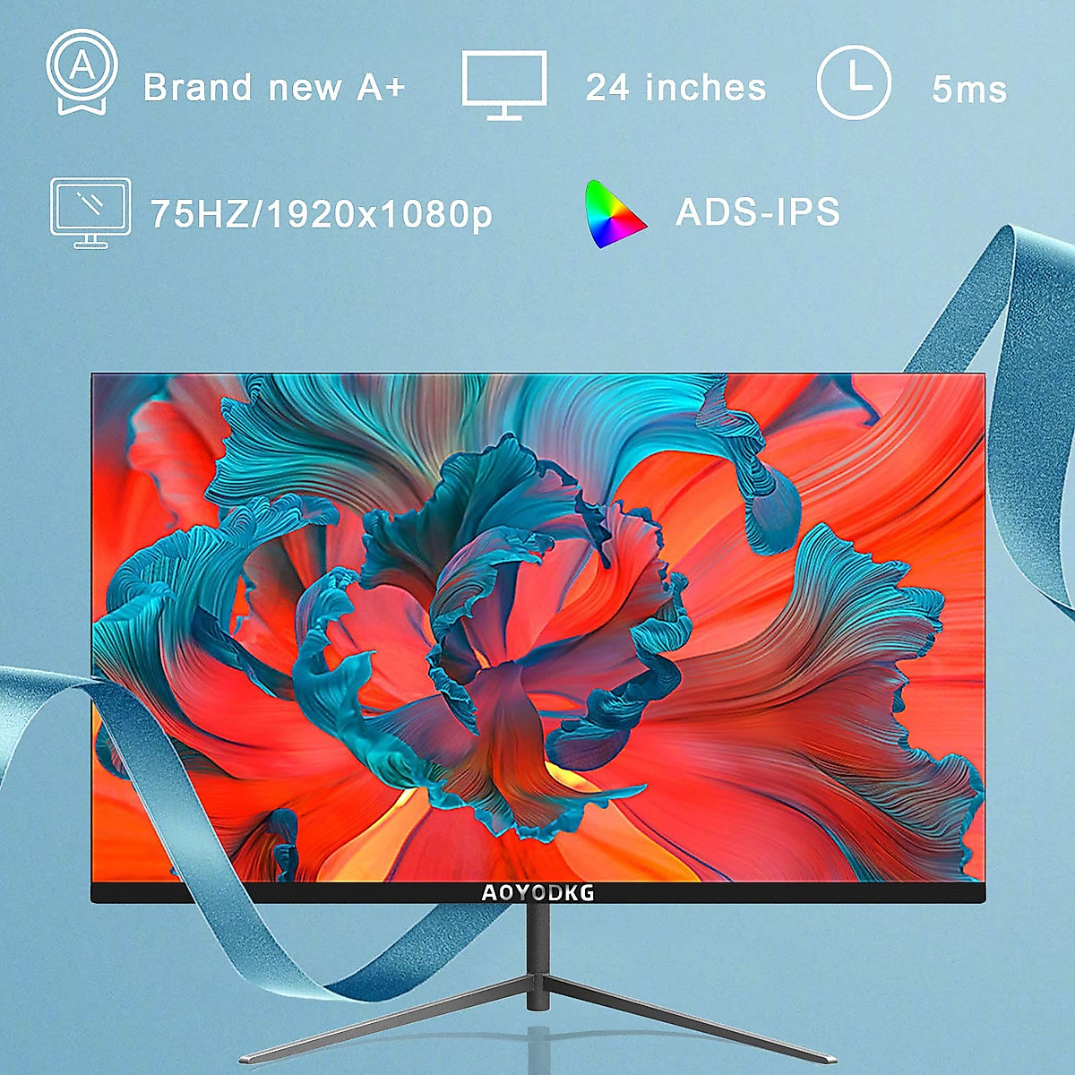 AOYODKG 24 Inch Computer Monitor, 75Hz 1080P FHD Desktop Monitor, IPS Monitor with HDMI and VGA Port, 5ms Response Time, VESA Wall Mount PC Monitor for Home Office, Black