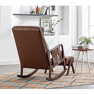 Kurhwyss Nursery Rocking Chair with Ottoman, Upholstered Rocker Chair with Arm Pocket, Modern Accent Glider Chair with Comfy High Back for Living Room Bedroom (Brown)