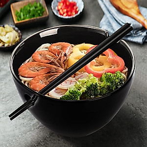 AVLA Ceramic Ramen Bowl Set of 2, 15/26 OZ Porcelain Noodle Soup Bowl with Chopsticks, Multi Purpose Bowl for Soup, Noodle, Pho, Udon and Soba, Dishwasher and Microwave Safe, Black