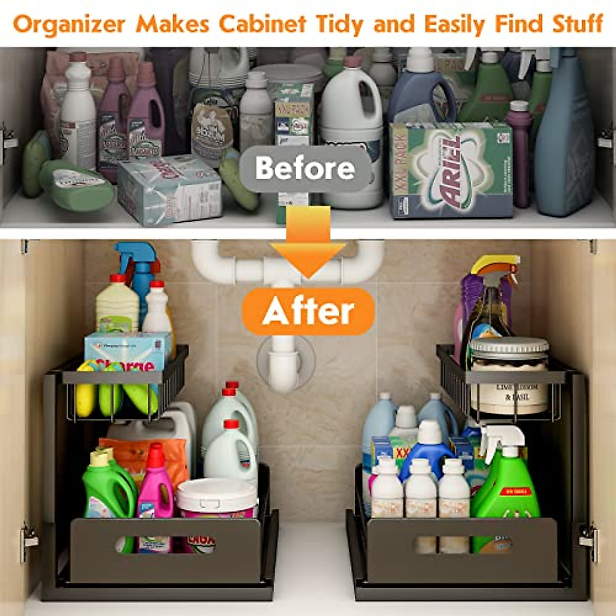 Webetop Under Kitchen Sink Organizers and Storage, 2 Tier Pull Out Cabinet Organizer, Multi-Purpose Sliding Shelf Under Bathroom Drawer- 14.2L x 10.6W x 11H