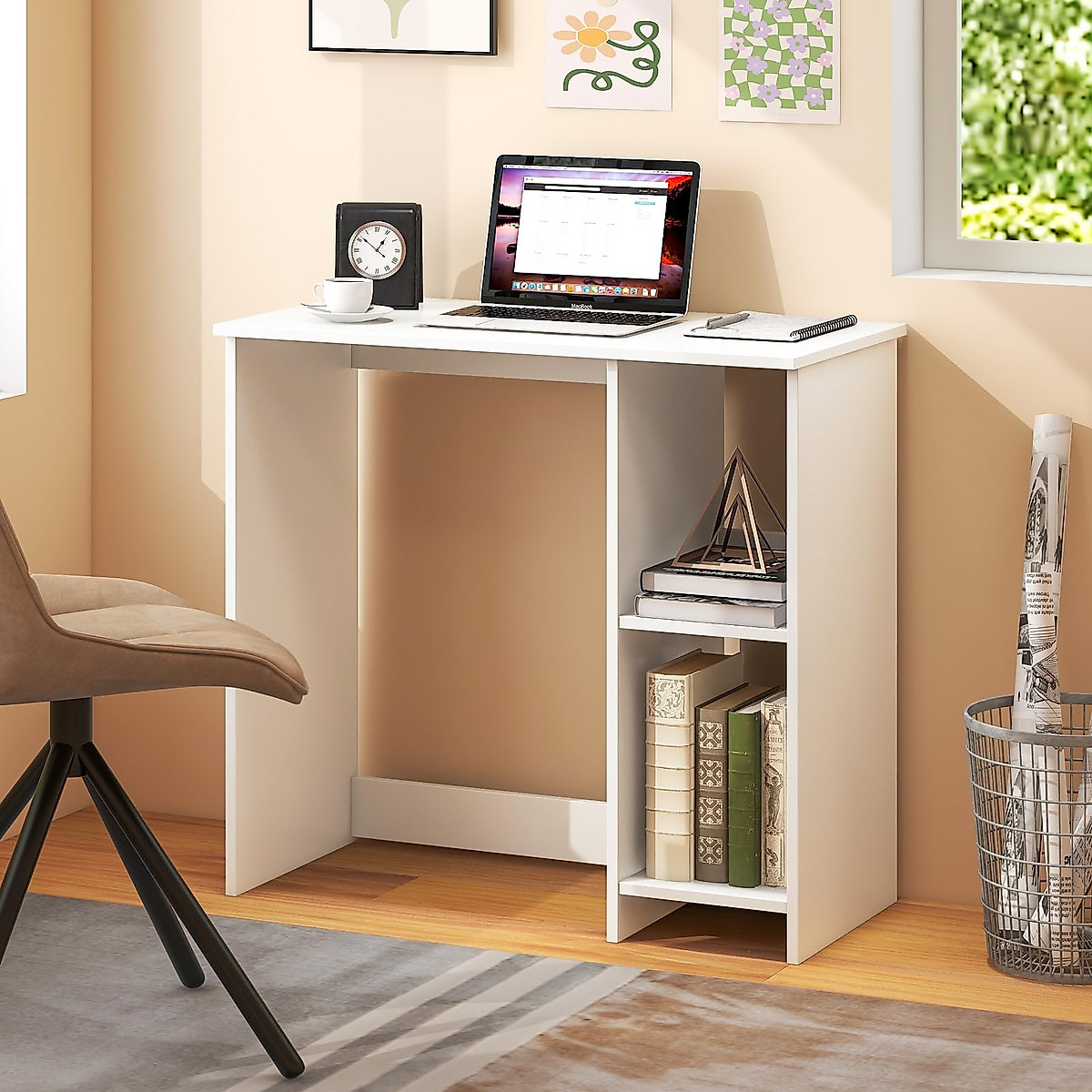 Tangkula Small White Desk with Shelves, Compact Small Desk for Small Space, Study Writing Desk with 2 Tier Shelves, Modern Simple Style Laptop Desk, PC Desk, Kid’s Desk, White