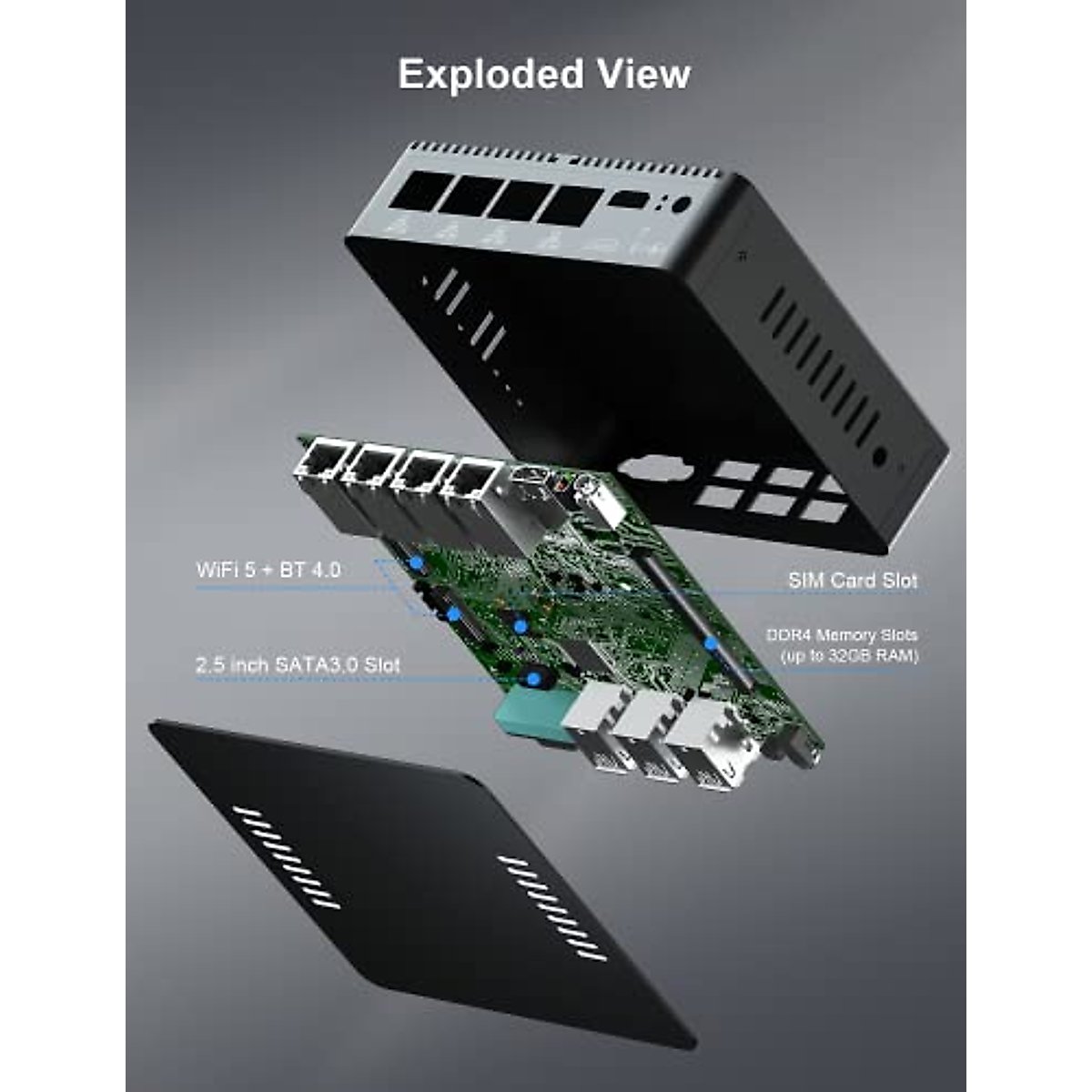 Baieyu Firewall Mini PC Quad Core Celeron J4125 with 8GB DDR4 256GB SSD OPNsense Firewall PC Support 4K HD, 4 × 2.5GbE LAN, 1 × HD, 1 × RS232 COM, 2 × USB3.0, 4 × USB2.0 Ports, Dual Band WiFi, BT4.0