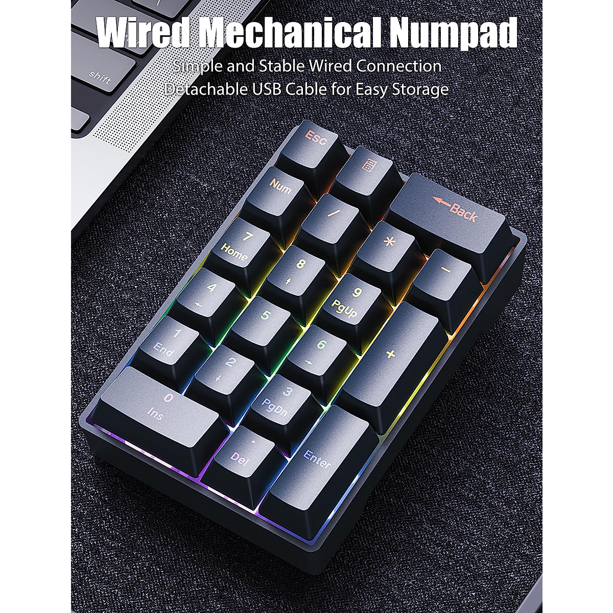 TISHLED Wired Mechanical Numpad Rainbow LED Backlit 20-Key Number Pad Brown Switches Shine Through Keycaps Detachable Cable Numeric Keyboard for PC/Laptop/Win/Mac, Black