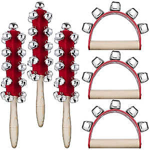 6 Pieces Christmas Hand Jingle Bells Wooden Hand Sleigh Bells Jingle Shaker Bells Handhold Bell Rattles Musical Bell Instruments Handheld Bells Holiday Christmas Decor (Red)
