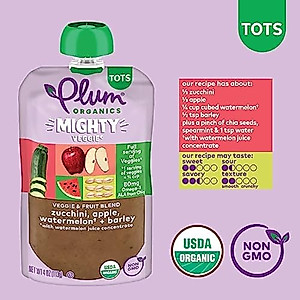 Plum Organics Mighty Veggie Organic Toddler Food - Zucchini, Apple, Watermelon, and Barley - 4 oz Pouch (Pack of 6) - Organic Vegetable Toddler Food Pouch