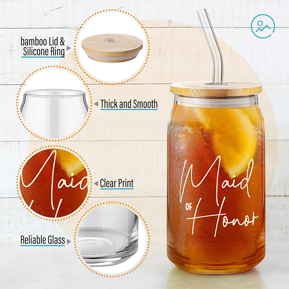 Inbagi 8 Pcs Bridesmaid Gifts Iced Coffee Cup with Bamboo Lids and Glass Straw 16 oz Mason Jar Cups Bride Can Shaped Drinking Glasses Cute Tumbler Cup Bridal Shower, Bachelorette Party Supplies