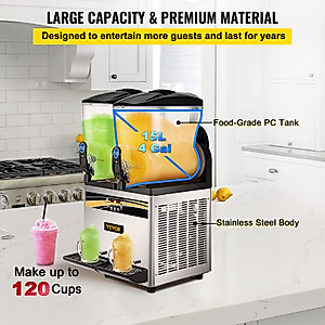 VEVOR Commercial Slushy Machine, 15Lx2/4 Galx2 Food-Grade PC Tank, 1000W 110V, Stainless Steel Margarita Smoothie Frozen Drink Maker, Slushie Machine for Supermarkets Cafes Restaurants Bars Home Use