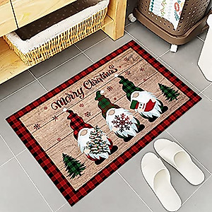 2 Piece Gnome Kitchen Rug Set Merry Christmas Indoor Floor Mats for Winter, Xmas Door Mat Runner Rug Carpet Mat for Kitchen Home Decor (15.7" x 23.6"+15.7" x 47.2") - Snowflake Tree Retro Wooden Board