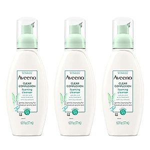 Aveeno Clear Complexion Foaming Oil-Free Facial Cleanser with Salicylic Acid Acne Medication for Breakout-Prone Skin & Soy Extracts, Hypoallergenic & Non-Comedogenic, 6 Fl Oz, Pack of 3