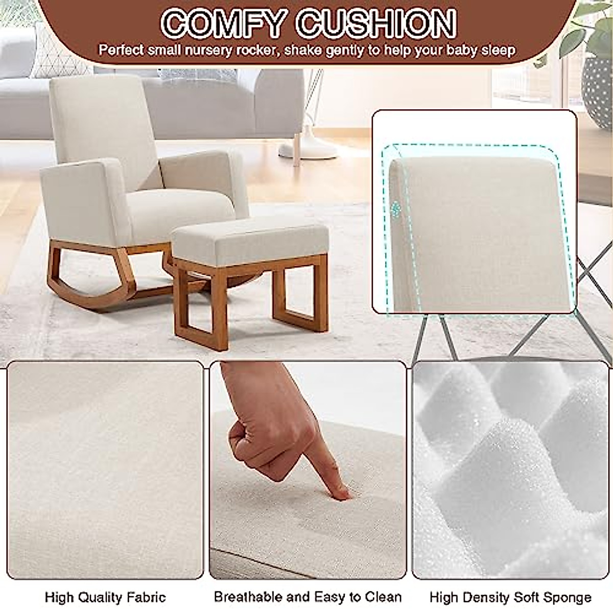 YOLENY Rocking Chair with Footstool, Upholstered Nursery Glider Rocker, Modern Accent Rocking Lounge Chair, Comfy High Back, Linen Armchair,Beige