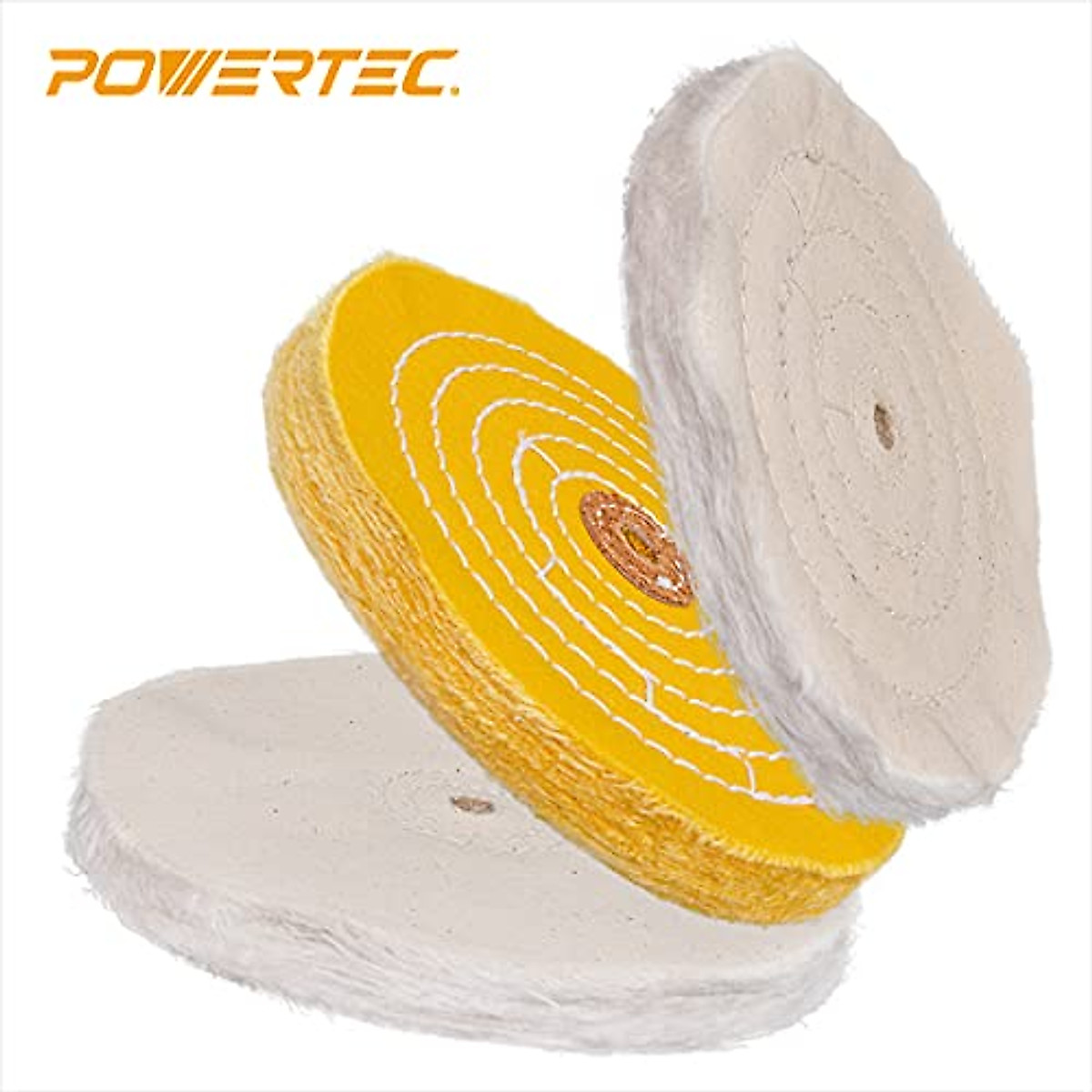 POWERTEC 71631 6 Inch Bench Grinder Buffing Wheel Kit w/ 3pcs Polishing Compound Set Including Black, White, Green Bars and Treated Yellow (40 Ply) Loose Cotton (40 Ply), White Cotton (40 Ply)